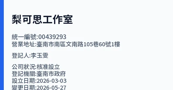 梨可思工作室的照片-統編 00439293(臺南市) 公司登記資料與營業項目詳細圖表