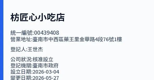 枋匠心小吃店的照片-統編 00439408(臺南市) 公司登記資料與營業項目詳細圖表