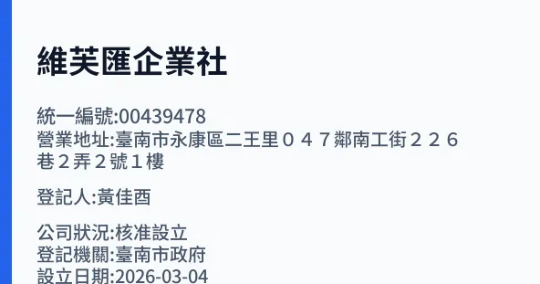 維芙匯企業社的照片-統編 00439478(臺南市) 公司登記資料與營業項目詳細圖表