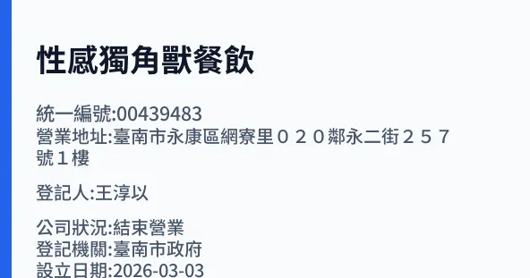 性感獨角獸餐飲的照片-統編 00439483(臺南市) 公司登記資料與營業項目詳細圖表
