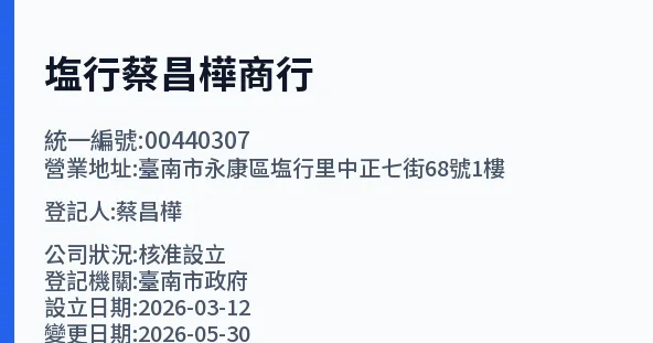 塩行蔡昌樺商行的照片-統編 00440307(臺南市) 公司登記資料與營業項目詳細圖表