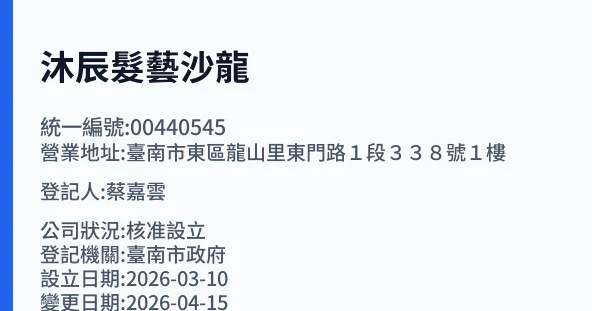 沐辰髮藝沙龍的照片-統編 00440545(臺南市) 公司登記資料與營業項目詳細圖表