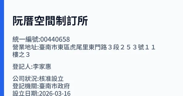 阮厝空間制訂所的照片-統編 00440658(臺南市) 公司登記資料與營業項目詳細圖表