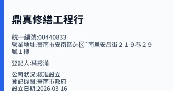 鼎真修繕工程行的照片-統編 00440833(臺南市) 公司登記資料與營業項目詳細圖表