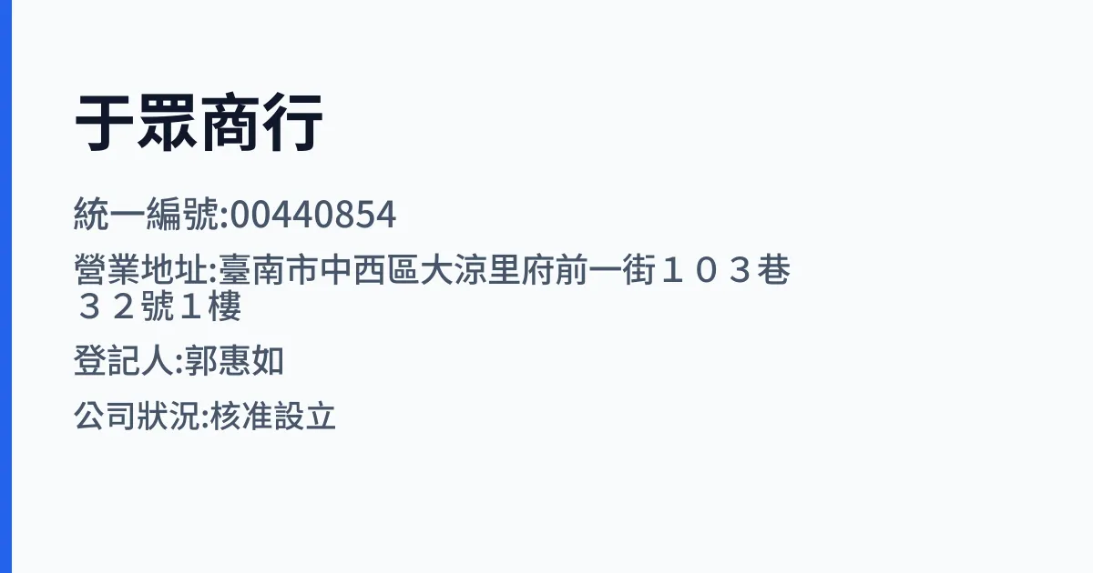 于眾商行 - 統編 00440854(臺南市) 公司登記資料與營業項目詳細圖表