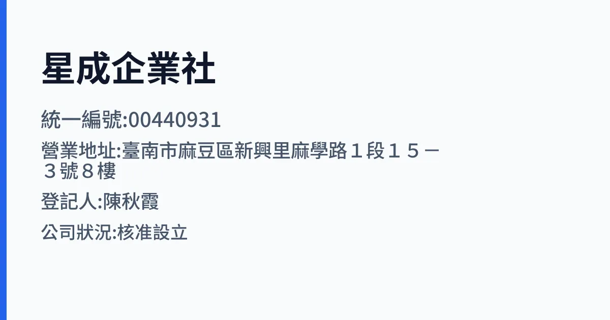 星成企業社 - 統編 00440931(臺南市) 公司登記資料與營業項目詳細圖表