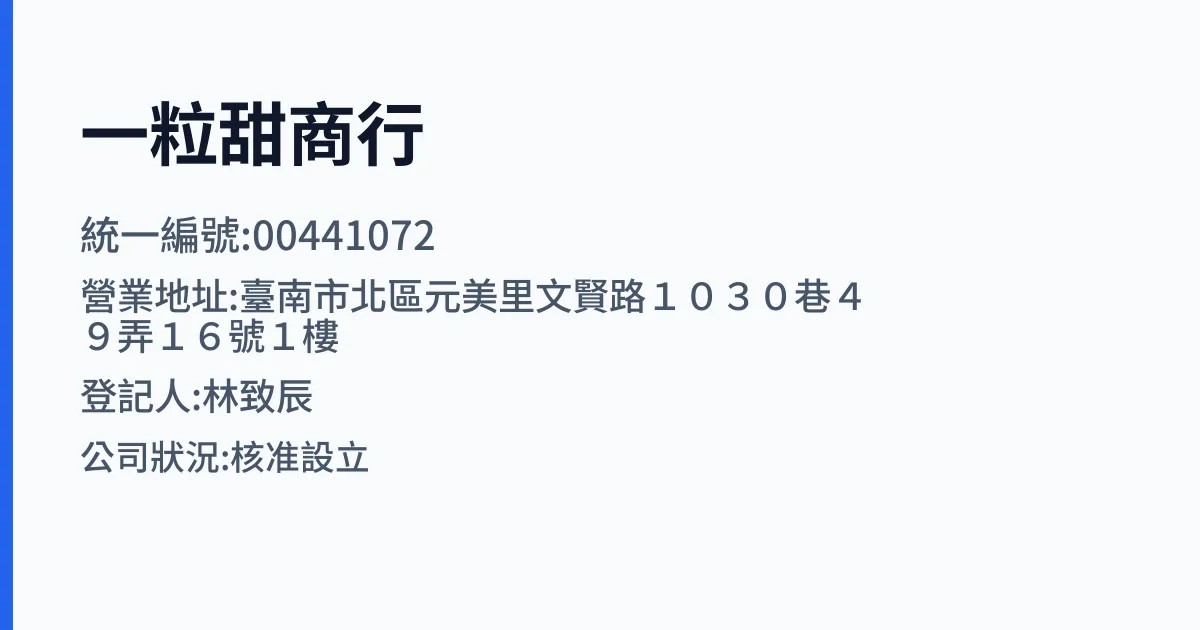 一粒甜商行 - 統編 00441072(臺南市) 公司登記資料與營業項目詳細圖表