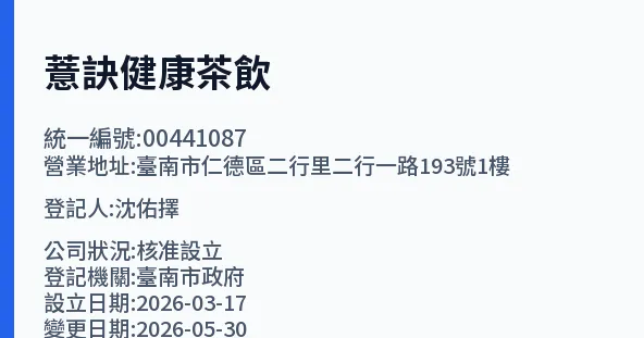薏訣健康茶飲的照片-統編 00441087(臺南市) 公司登記資料與營業項目詳細圖表