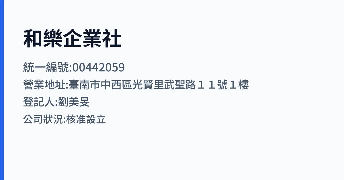 和樂企業社 - 統編 00442059(臺南市) 公司登記資料與營業項目詳細圖表