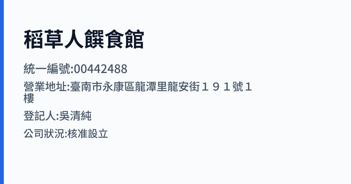 稻草人饌食館 - 統編 00442488(臺南市) 公司登記資料與營業項目詳細圖表