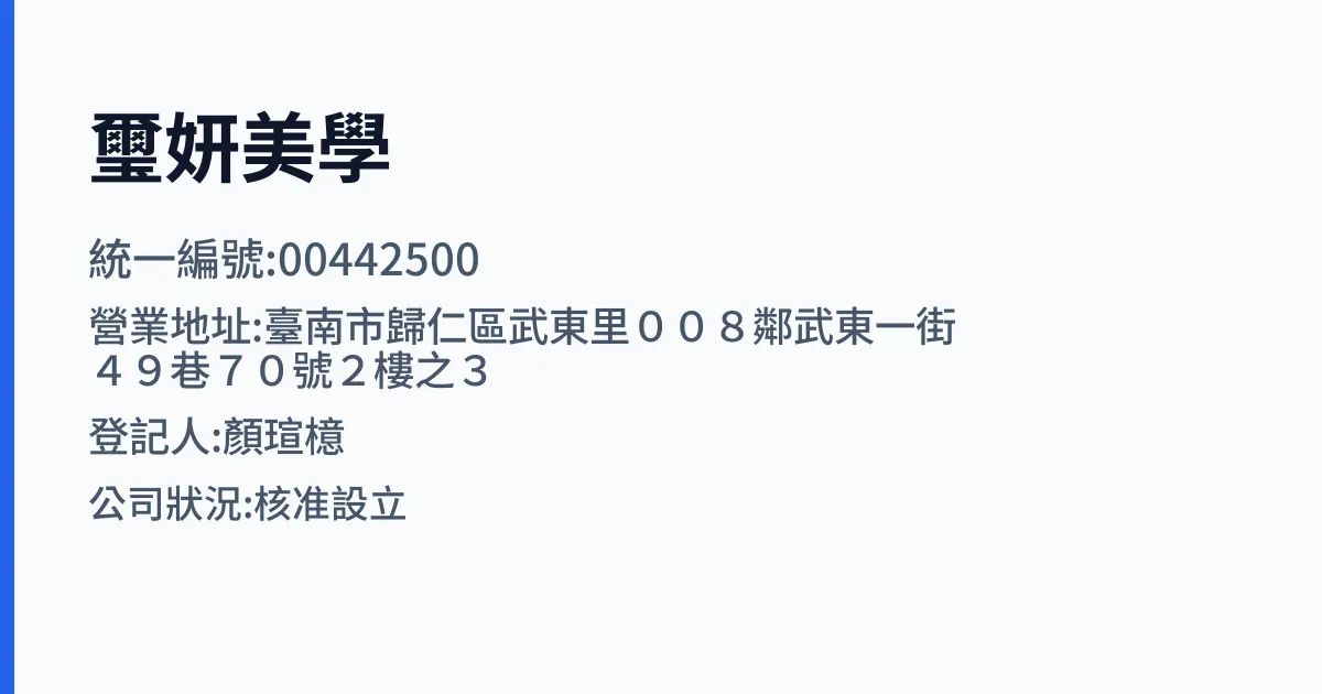 璽妍美學 - 統編 00442500(臺南市) 公司登記資料與營業項目詳細圖表