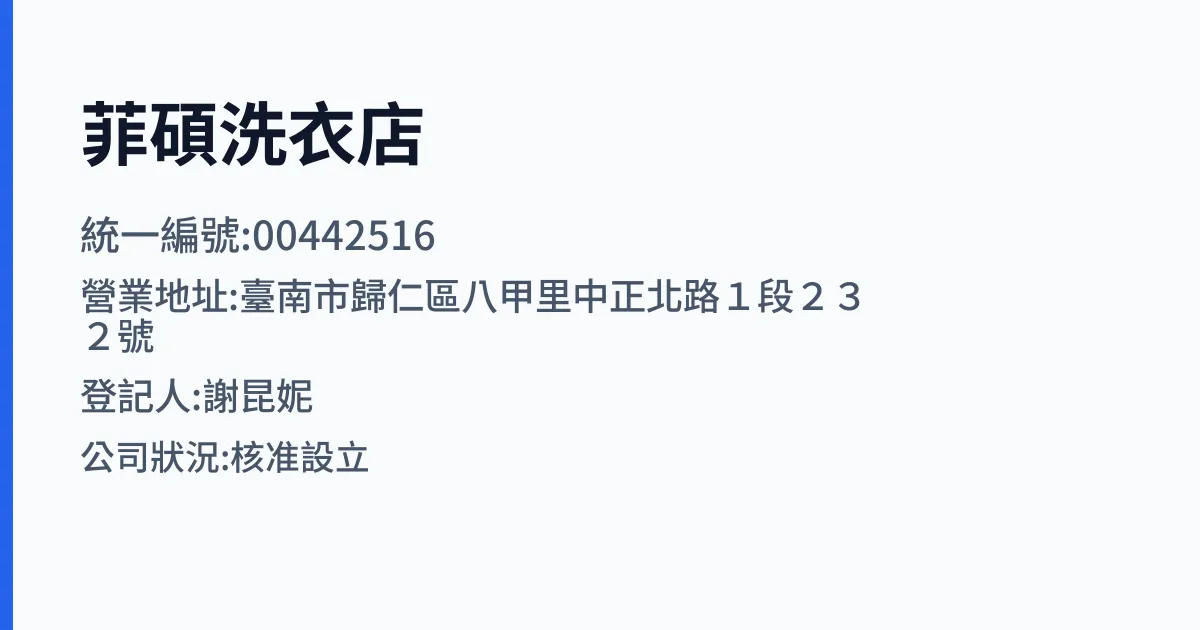 菲碩洗衣店 - 統編 00442516(臺南市) 公司登記資料與營業項目詳細圖表