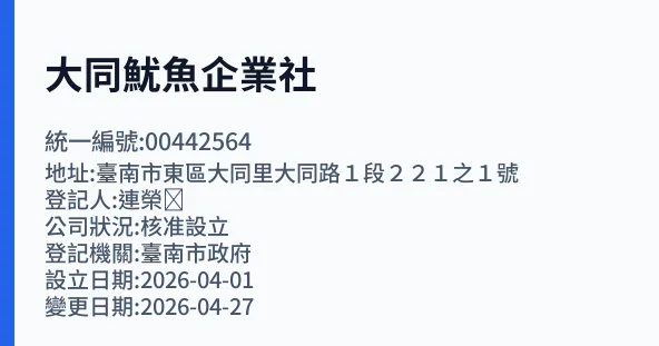 大同魷魚企業社的照片-統編 00442564(臺南市) 公司登記資料與營業項目詳細圖表