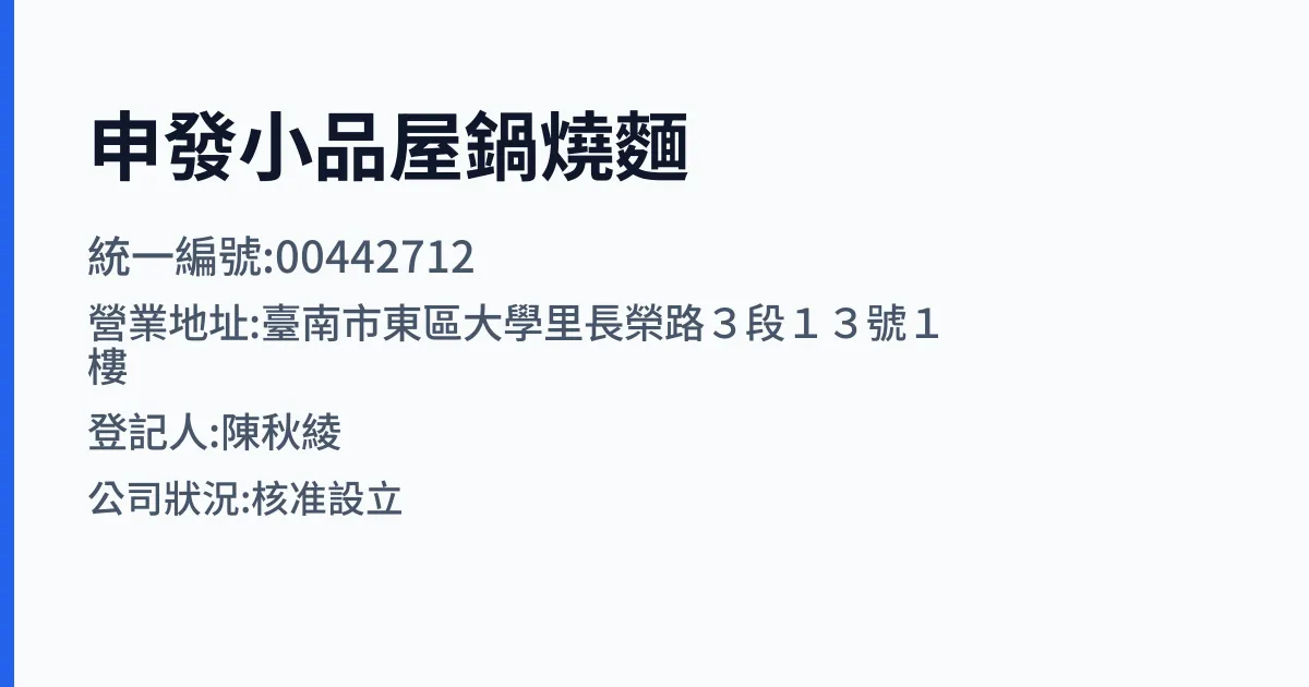 申發小品屋鍋燒麵 - 統編 00442712(臺南市) 公司登記資料與營業項目詳細圖表