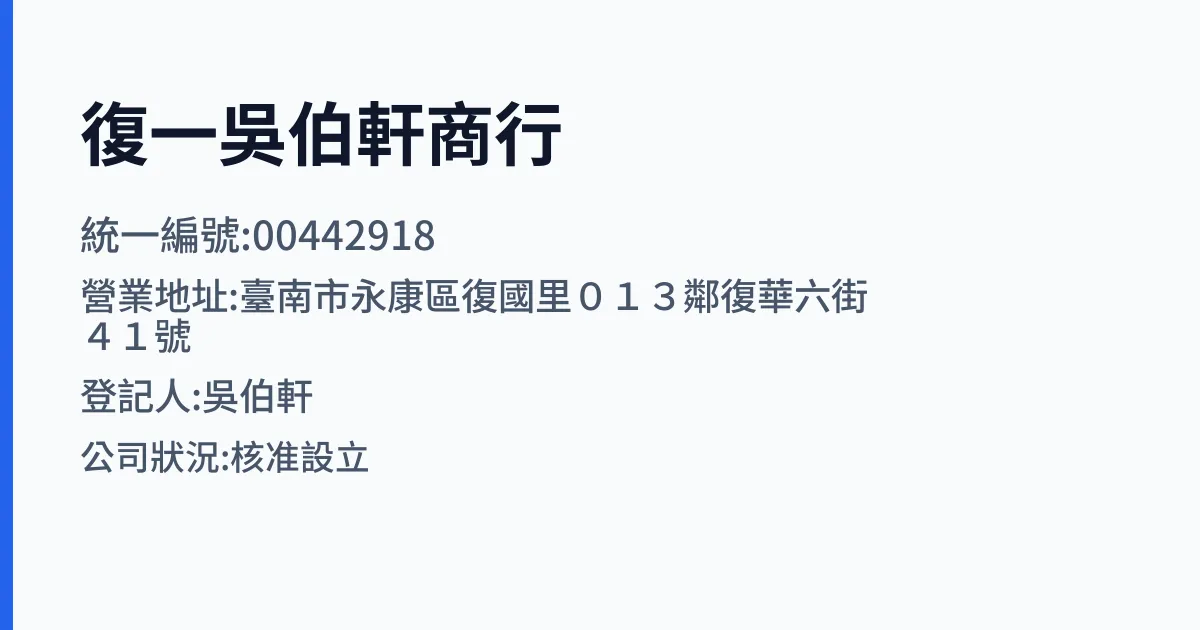 復一吳伯軒商行 - 統編 00442918(臺南市) 公司登記資料與營業項目詳細圖表