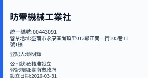 昉翬機械工業社的照片-統編 00443091(臺南市) 公司登記資料與營業項目詳細圖表