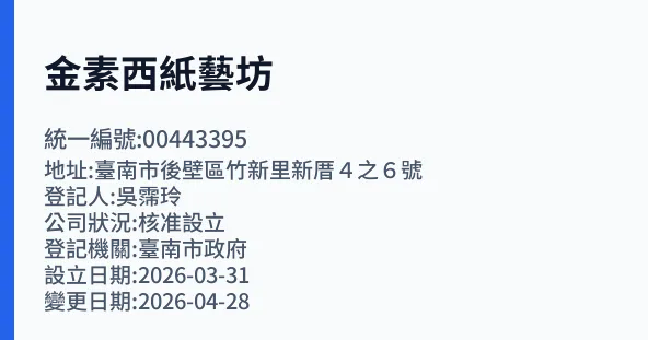 金素西紙藝坊的照片-統編 00443395(臺南市) 公司登記資料與營業項目詳細圖表