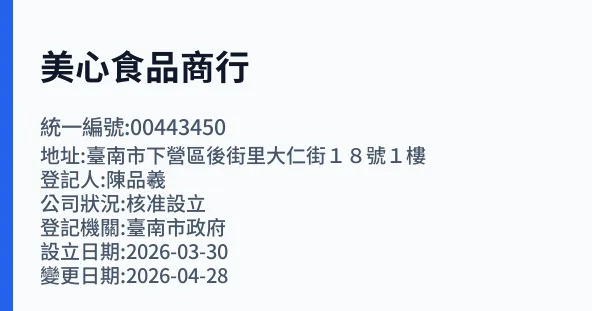 美心食品商行的照片-統編 00443450(臺南市) 公司登記資料與營業項目詳細圖表