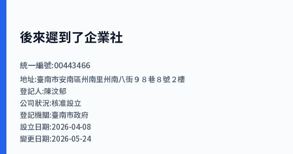 後來遲到了企業社的照片-統編 00443466(臺南市) 公司登記資料與營業項目詳細圖表
