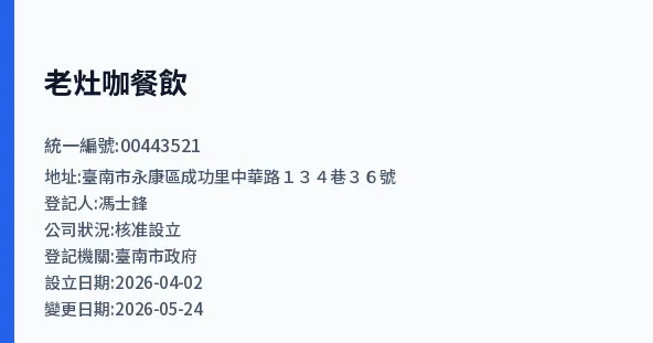 老灶咖餐飲的照片-統編 00443521(臺南市) 公司登記資料與營業項目詳細圖表