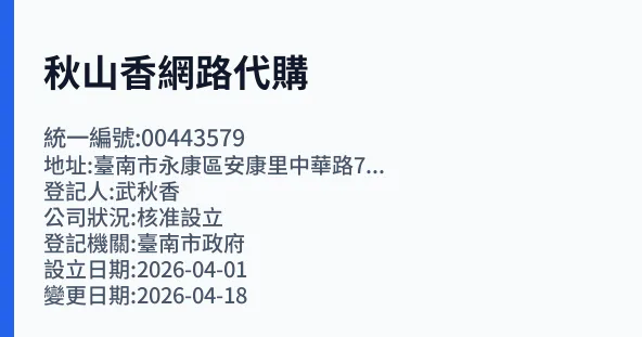 秋山香網路代購的照片-統編 00443579(臺南市) 公司登記資料與營業項目詳細圖表