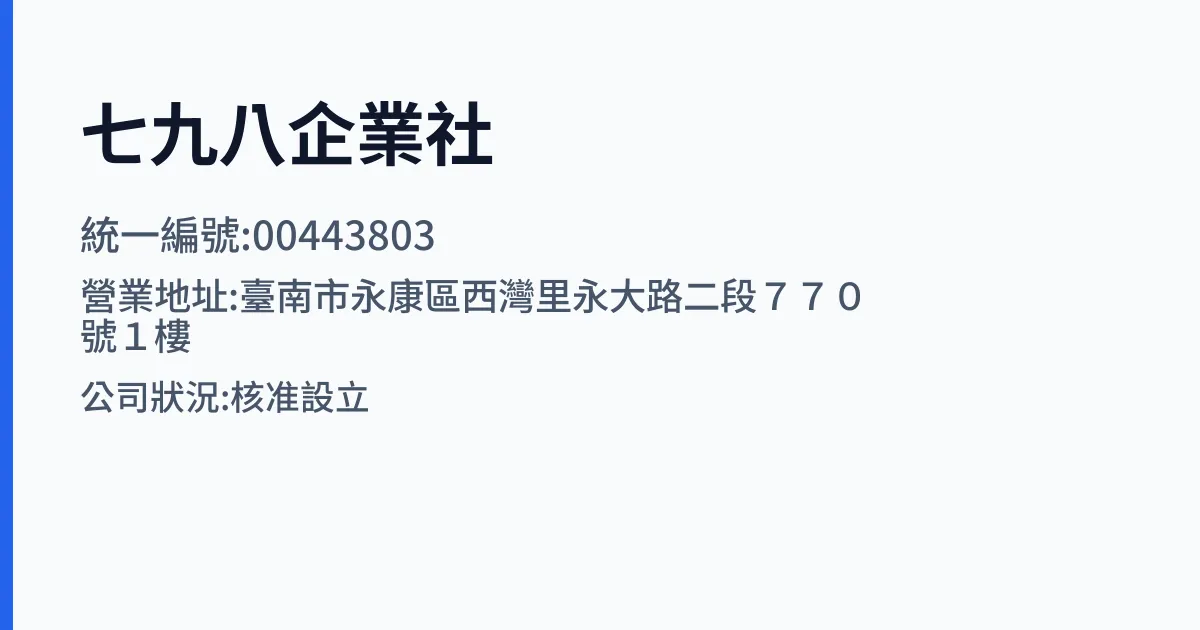 七九八企業社 - 統編 00443803(臺南市) 公司登記資料與營業項目詳細圖表