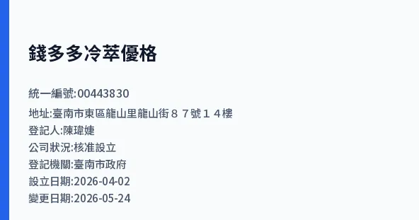 錢多多冷萃優格的照片-統編 00443830(臺南市) 公司登記資料與營業項目詳細圖表