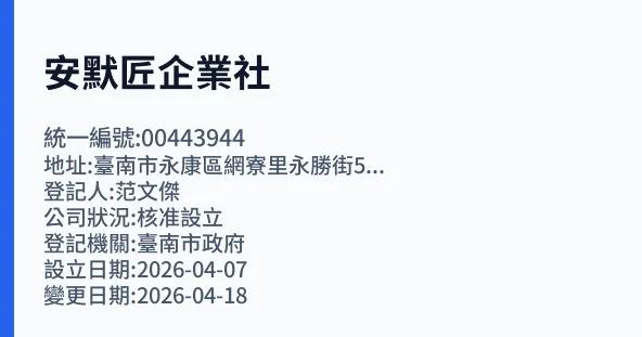 安默匠企業社的照片-統編 00443944(臺南市) 公司登記資料與營業項目詳細圖表
