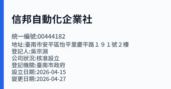 信邦自動化企業社的照片-統編 00444182(臺南市) 公司登記資料與營業項目詳細圖表