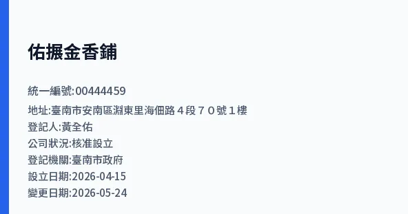佑搌金香鋪的照片-統編 00444459(臺南市) 公司登記資料與營業項目詳細圖表