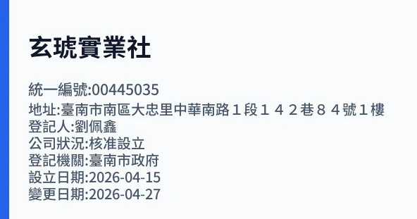 玄琥實業社的照片-統編 00445035(臺南市) 公司登記資料與營業項目詳細圖表