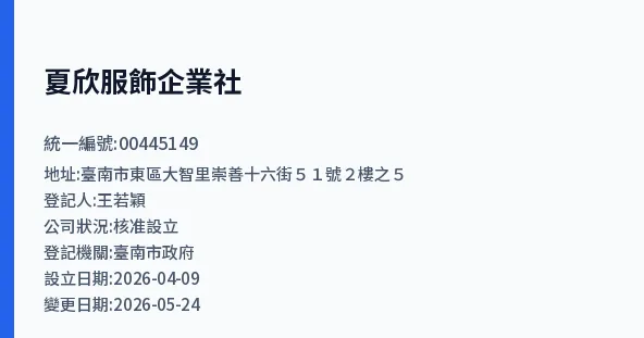 夏欣服飾企業社的照片-統編 00445149(臺南市) 公司登記資料與營業項目詳細圖表