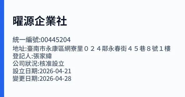 曜源企業社的照片-統編 00445204(臺南市) 公司登記資料與營業項目詳細圖表