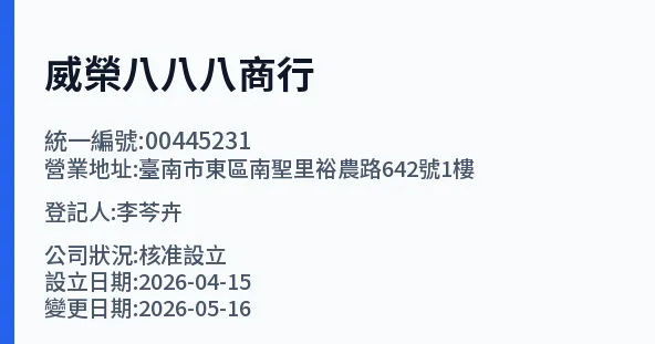 威榮八八八商行的照片-統編 00445231(臺南市) 公司登記資料與營業項目詳細圖表