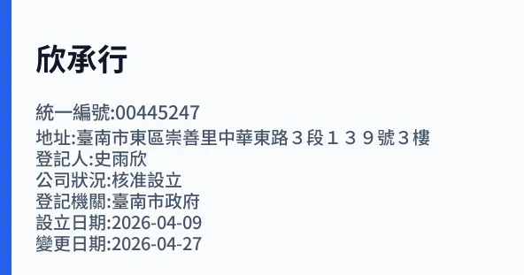 欣承行的照片-統編 00445247(臺南市) 公司登記資料與營業項目詳細圖表