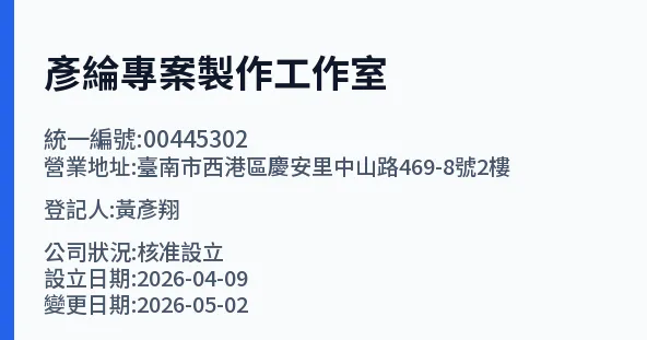 彥綸專案製作工作室的照片-統編 00445302(臺南市) 公司登記資料與營業項目詳細圖表