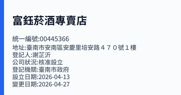 富鈺菸酒專賣店的照片-統編 00445366(臺南市) 公司登記資料與營業項目詳細圖表