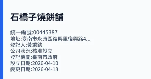石橋子燒餅舖的照片-統編 00445387(臺南市) 公司登記資料與營業項目詳細圖表