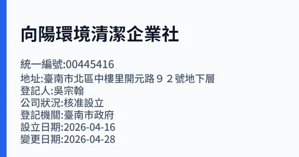 向陽環境清潔企業社的照片-統編 00445416(臺南市) 公司登記資料與營業項目詳細圖表