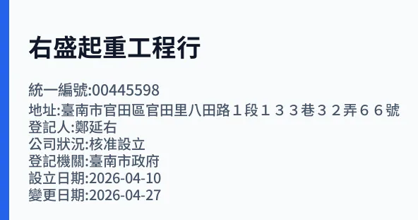 右盛起重工程行的照片-統編 00445598(臺南市) 公司登記資料與營業項目詳細圖表
