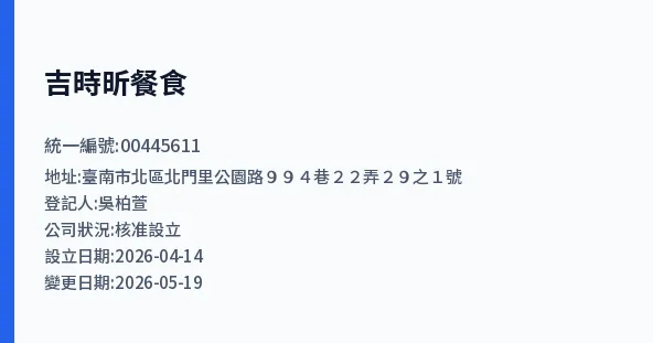 吉時昕餐食的照片-統編 00445611(臺南市) 公司登記資料與營業項目詳細圖表