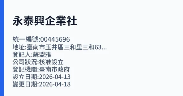 永泰興企業社的照片-統編 00445696(臺南市) 公司登記資料與營業項目詳細圖表
