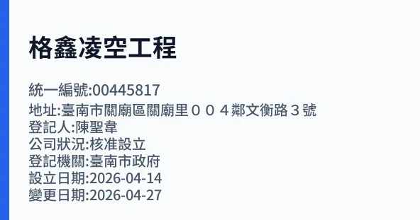 格鑫凌空工程的照片-統編 00445817(臺南市) 公司登記資料與營業項目詳細圖表
