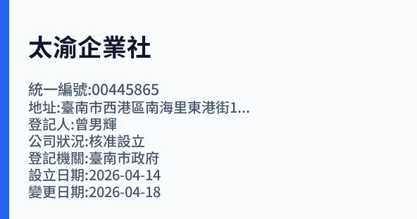 太渝企業社的照片-統編 00445865(臺南市) 公司登記資料與營業項目詳細圖表