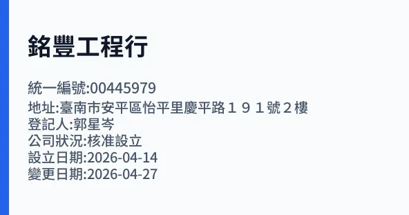 銘豐工程行的照片-統編 00445979(臺南市) 公司登記資料與營業項目詳細圖表