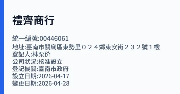 禮齊商行的照片-統編 00446061(臺南市) 公司登記資料與營業項目詳細圖表