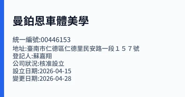 曼鉑恩車體美學的照片-統編 00446153(臺南市) 公司登記資料與營業項目詳細圖表