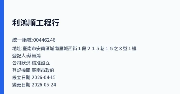 利鴻順工程行的照片-統編 00446246(臺南市) 公司登記資料與營業項目詳細圖表