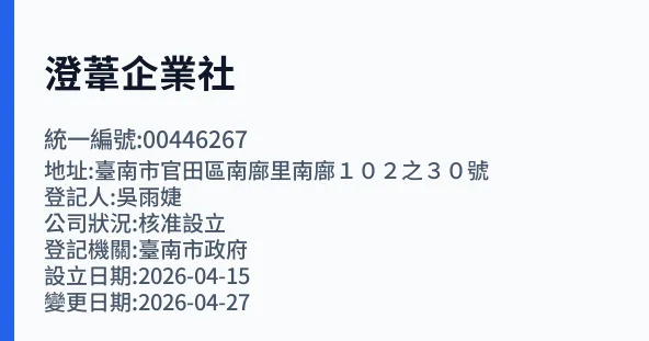 澄葦企業社的照片-統編 00446267(臺南市) 公司登記資料與營業項目詳細圖表
