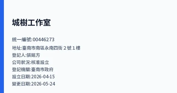 城樹工作室的照片-統編 00446273(臺南市) 公司登記資料與營業項目詳細圖表